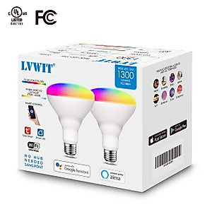 LVWIT Smart LED Bulbs, BR30 Wi-Fi Smart Light Bulb, E26 100W Replacement, Work with Alexa, Google Assistant, Tuya App, Dimmable 1300 Lumens RGB Color Changing Bulb (13W), No Hub Required, 2-Pack