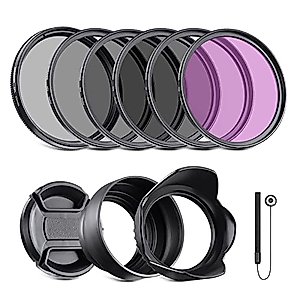NEEWER 55mm ND2 ND4 ND8 UV CPL FLD Filter and Lens Accessories Kit with Snap on Lens Cap, Tulip Shaped Lens Hood, Collapsible Rubber Lens Hood, Filter Pouch, Safety Tether and Cleaning Cloth