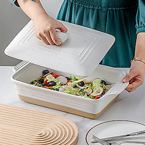 HVH Ceramic Casserole Dish with Lid Oven Safe, 9x13 Casserole Dish, Covered Rectangular Casserole Dish Set, 3.5 Quart Large Casserole Dish, Baking Dishes for Casseroles, Farmhouse Style (White)