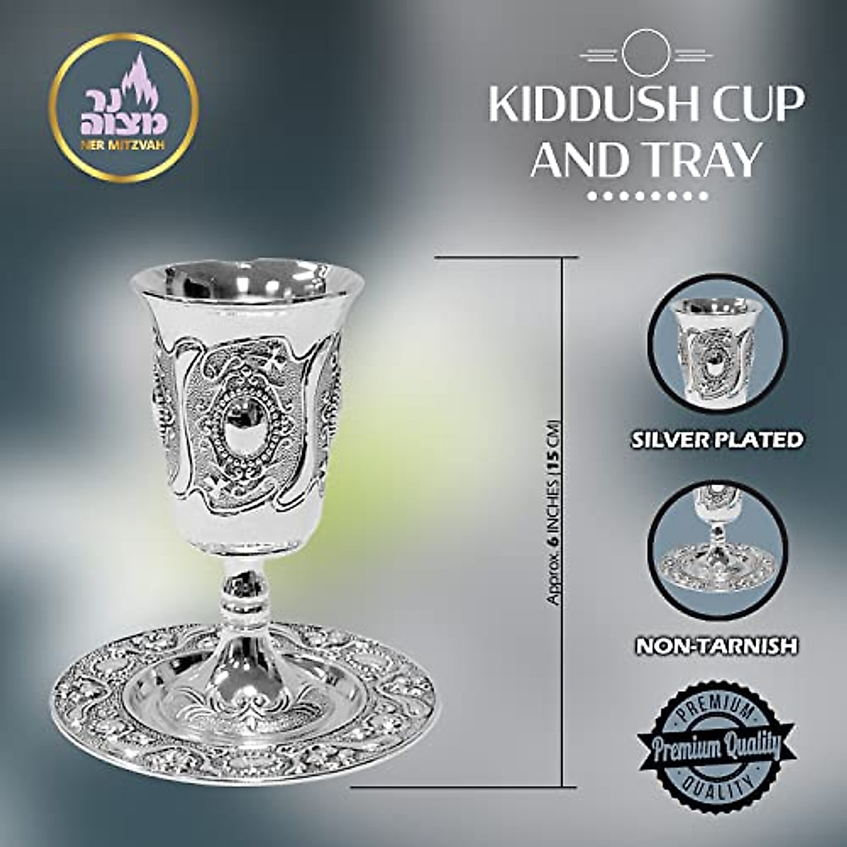 Ner Mitzvah Tall Kiddush Cup and Tray - Premium Quality Silver Plated Goblet With Stem - Shabbat and Havdalah Goblet - Judaica Shabbos and Holiday Gift