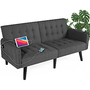 TYBOATLE 65“ Modern Fabric Linen Upholstered Convertible 2 USB Ports Folding Futon Couch Sofa Bed, Foldable Loveseat Furniture for Compact Small Space, Dorm, Living Room Apartment, Office (Dark Grey)