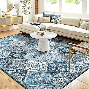 GarveeHome Washable Area Rug Moroccan Trellis Living Room Rug Non-Slip Stain Resistant Accent Rug Vintage Distressed Floral Floor Cover Carpet for Bedroom Laundry Room, 4' x 6', Blue/Grey