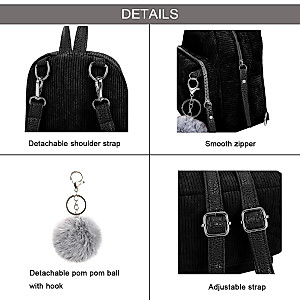 Cute Mini Backpack 3 Way Carry Light-weight Corduroy Casual Daypack Detachable Keyring Fur Pom Pom Ball for Women (black)