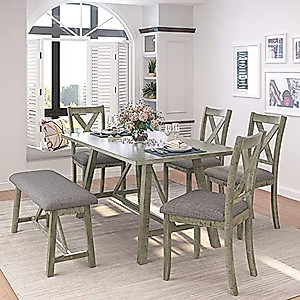 WOZNLA Wood 6, Rustic Style Kitchen Dining Room Set with 1 Table, 1 Bench & 4 Padded Chairs, Gray, 60" x 35", Grey