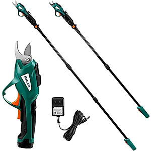 MELLCOM Electric Pruning Shears, Cordless Pruning Shears with 5.1/6.6 Ft High Telescopic Pole, Lithium Battery Powered, with Safety Protection, Green