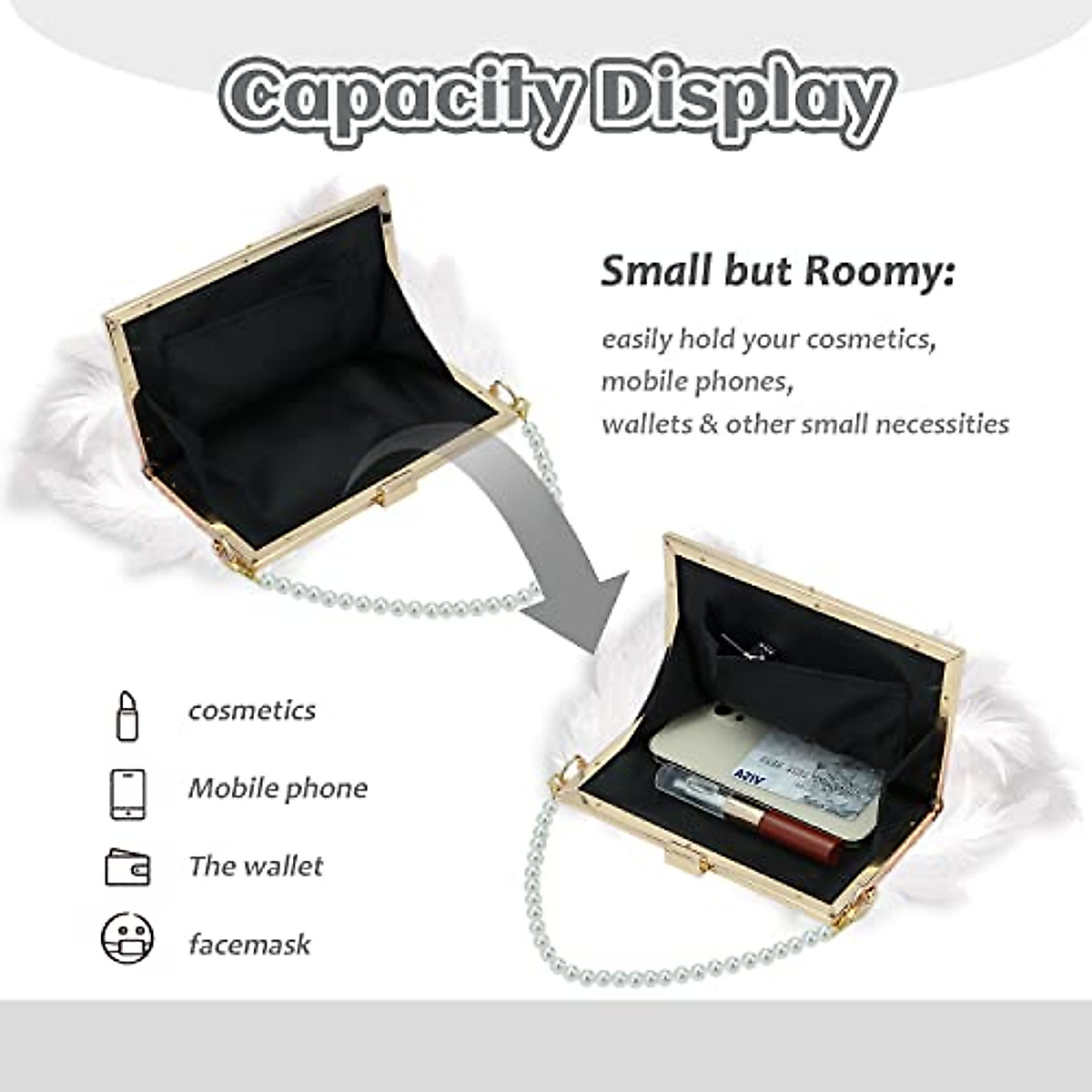 Emprier Feather Pearl Clutch Purses For Women Pearl Chain Shoulder Bag Wedding Party Evening Dress Bag