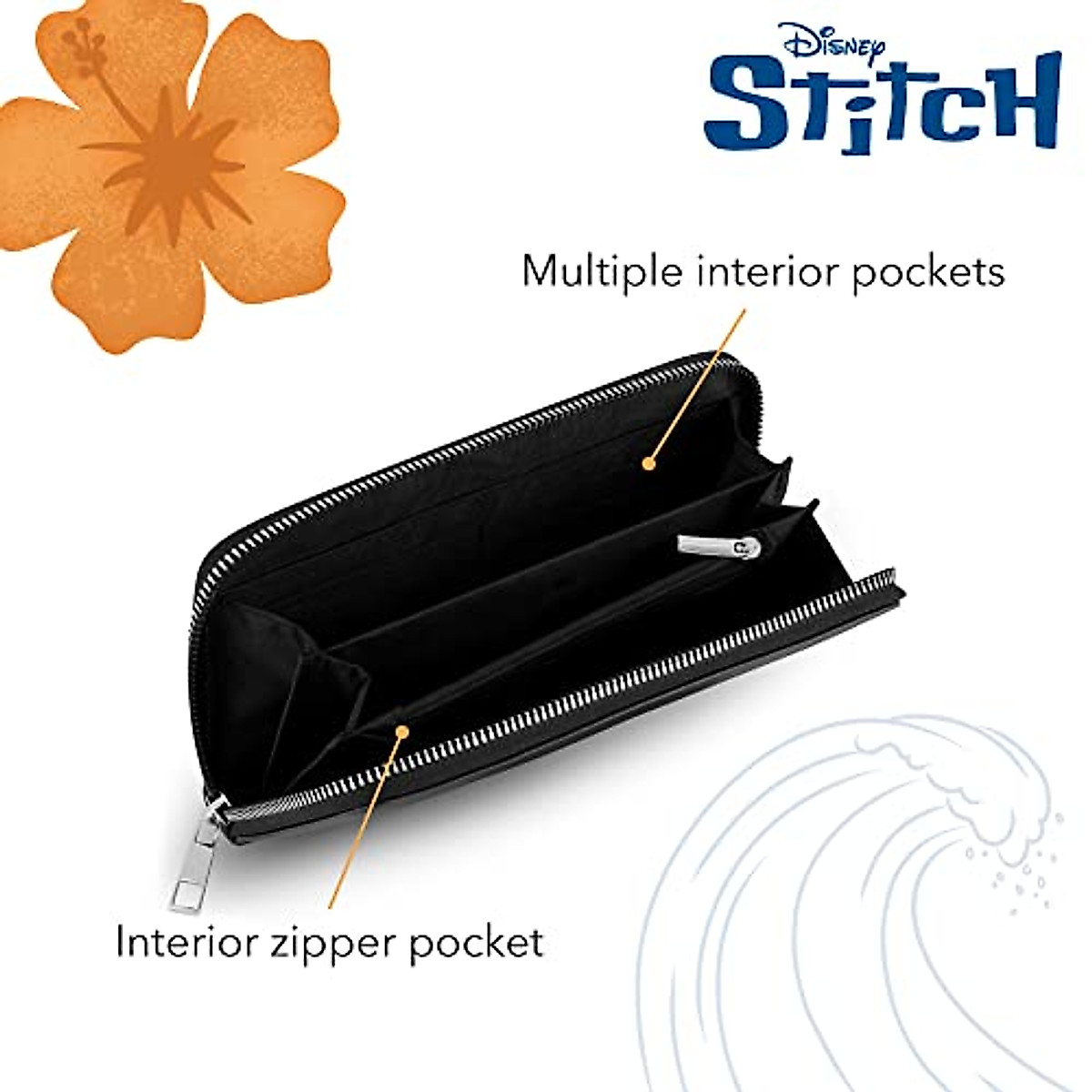 Concept One Disney Lilo and Stitch Wallet with Zipper, Zip Around Wallet Clutch, Black