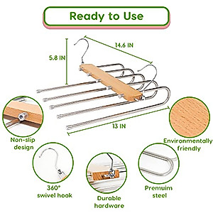 Unjumbly 2 Pack Magic Pants Hangers - Space Saving Hanging Closet Organizer for Trousers, Jeans, Leggings, Skirts, Scarves, Stainless Steel Wooden Hangers