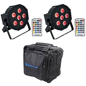 (2) Rockville Battery PAR 6RF Rechargeable Wireless DMX Lights+RF Remotes+Bag