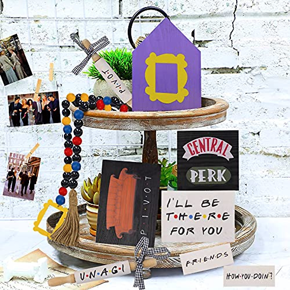 9 Pieces Friends Tiered Tray Decor Set Friends TV Show Gift Wooden Rustic Modern Decor Items Friends TV Show Merchandise Friends Theme Mini Wooden Signs for Kitchen Table Decoration