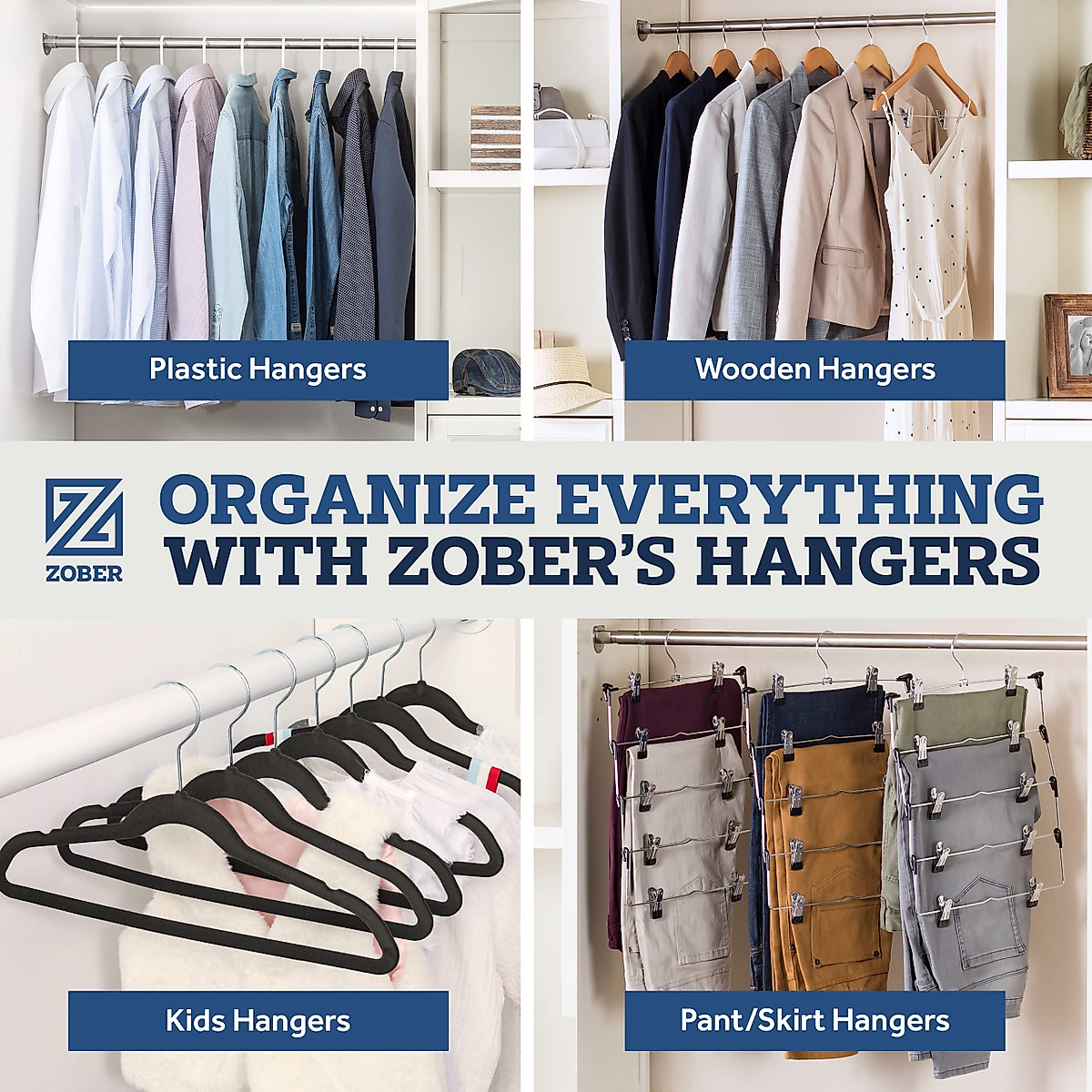 ZOBER Slack/Trousers Pants Hangers - 20 Pack - Strong and Durable Anti-Rust Chrome Metal Hangers, Non Slip Rubber Coating, Slim & Space Saving, Open Ended Design for Easy-Slide Pant, Jeans, Slacks Etc