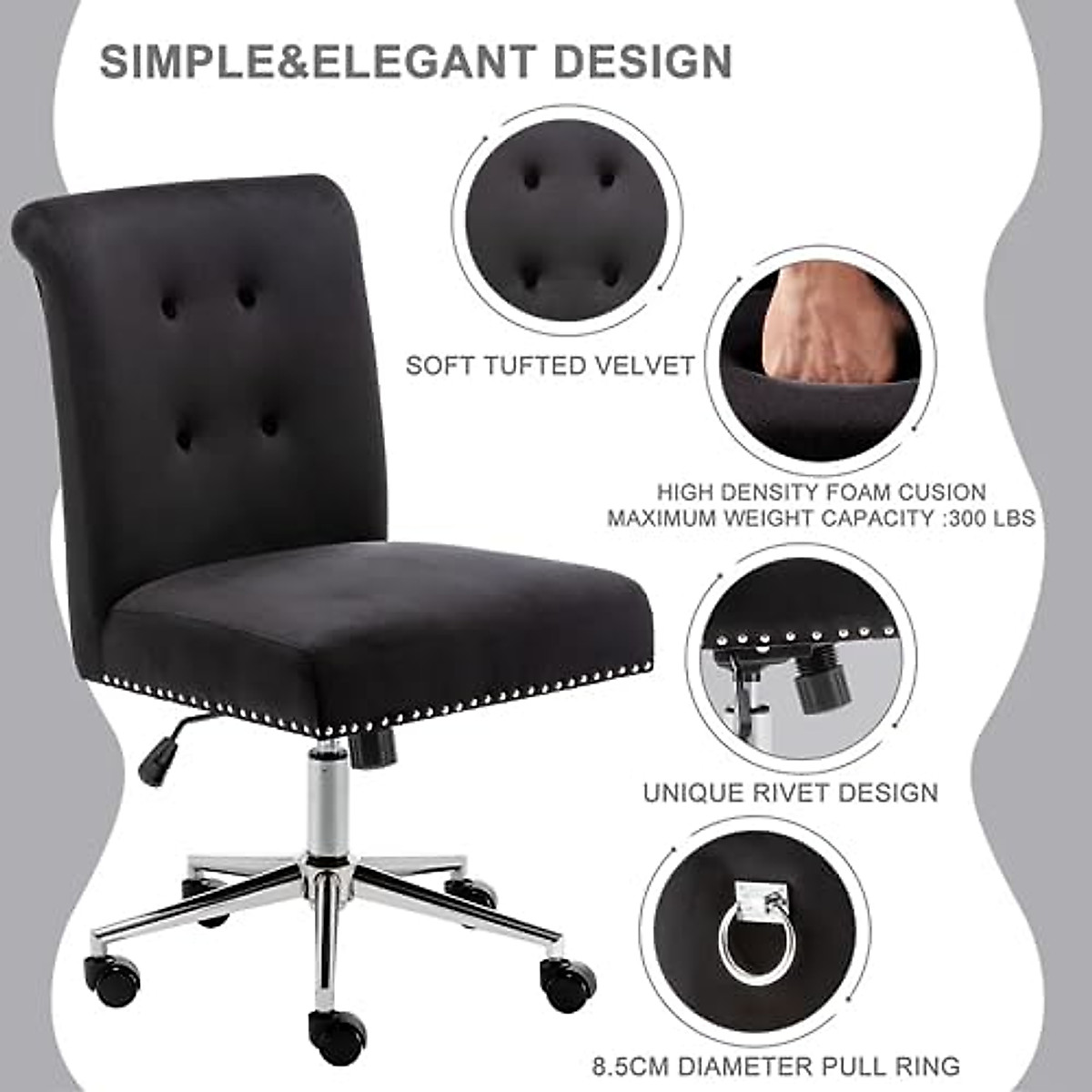 JOUUQZ Velvet Office Chair Button Tufted Swivel Adjustable Desk Chair with Nailheads Trim, Upholstered Armless Black Home Office Desk Chair with Wheels and Metal Base