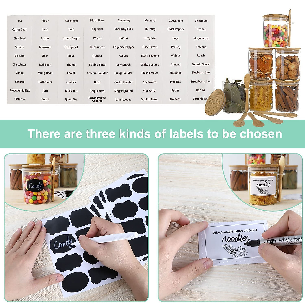 Set of 6 Spice Jars with Bamboo Lids, 16oz Glass Jars with Airtight Bamboo Lids & Bamboo Spoons Labels Pen Clean Brush Glass Storage Containers for Pantry Organization,Candy,Cookie, Tea and Spice Jar