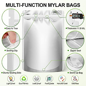 100PCS Mylar Bags with 400cc Oxygen Absorbers, 11.8 Mil Thicker Long Term Food Storage Bag, 1 Gallon 10x14 6x9 4x6 Stand-up Zipper Resealable Heat Sealable for Airtight Smell Proof Packaging