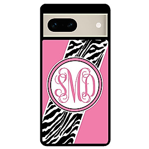 Zebra Animal Skin Pink Script Monogram Black Rubber Phone Case Compatible With Google Pixel 8 Pro, 8a, 8, 7a, 7, Pixel 7 Pro, 6a, Pixel 6 Pro, 6, 5, 4a 5G, 4a 4G, 4, 4 XL, 3a, 3a XL, 3, 3 XL, 2