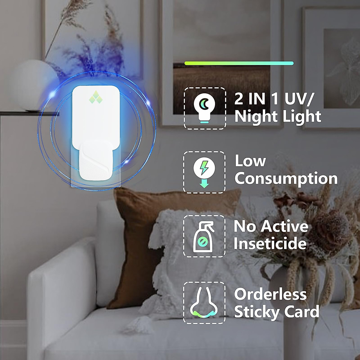 Fly Trap Indoor (2 Devices + 12 Glue Cards), 2 in 1 Fruit Fly Traps, Gnat Traps for House Indoor with UV Light & Night Light, Plug-in Flying Insect Trap Gnat Moth Catcher