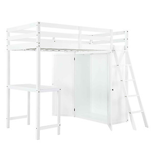 ATY Twin Size Loft Bed with 4 Storage Shelves and Wardrobe, Solid Wood Bedframe w/Desk & Ladder, Maximum Space, No Spring Needed Required, for Kids Teens Adults, White