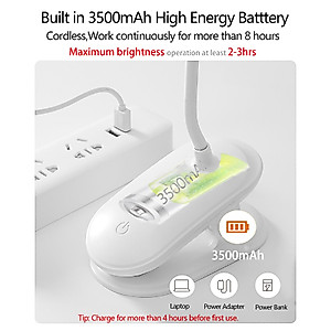 GcSige Dual Head LED Desk Lamp with Clamp, Eye-Caring Clip on Lights for Home Office, 3500mAh Rechargeable Battery Operated Table Lamps,3 Lighting Modes & Brightness Dimmer Light for Kids Students