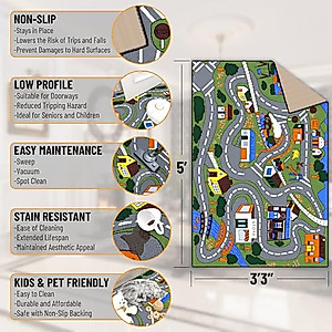 Ottomanson Jenny Collection Non-Slip Rubberback Educational Town Traffic Play Design 3x5 Kid's Area Rug, 3'3" x 5', Green/Multicolor