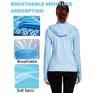COOrun Women's UPF 50+ Sun Protection Hoodie Jacket Lightweight Full Zip Running Jacket Athletic Jacket with Thumb Holes Deep Sky Blue XL