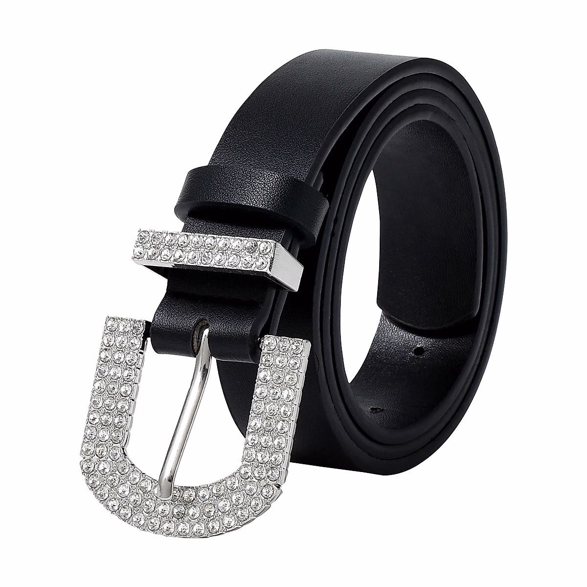 AWAYTR Rhinestone Buckle Belt for Women - PU Leather Plus Size Belts for Jeans and Dress (Black,120cm)