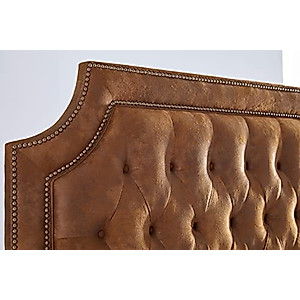 Design 59 D59 Distressed Vegan Leather Upholstered Tufted Button Queen Headboard with Brass Nailheads Queen/Full Size Headboard – Adjustable Height (Chestnut Vegan Leather)