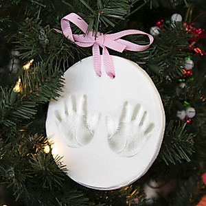Nuby Baby Keepsake Ornament Hand & Footprint Clay Casting Kit with Easel Plus Blue & Pink Ribbons for Newborn Girls & Boys