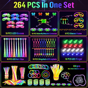 OLUPP Glow in the Dark Party Supplies, 264 PCS Light Up Party Favors with LED Glasses,Glow Sticks,Finger Lights,LED Hair Clips,Slingshot,Glasses Molds,Butterfly Bracelet for Glow Party,Raves,Birthday