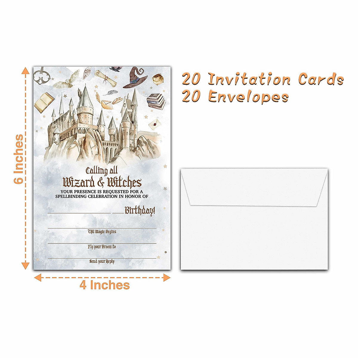 YQV Magical Wizard Birthday Invitations Cards, 4"x 6" Magician Owl Birthday Party Invites with Envelopes for Halloween Party Decorations Supplies (20 Pieces) - A02