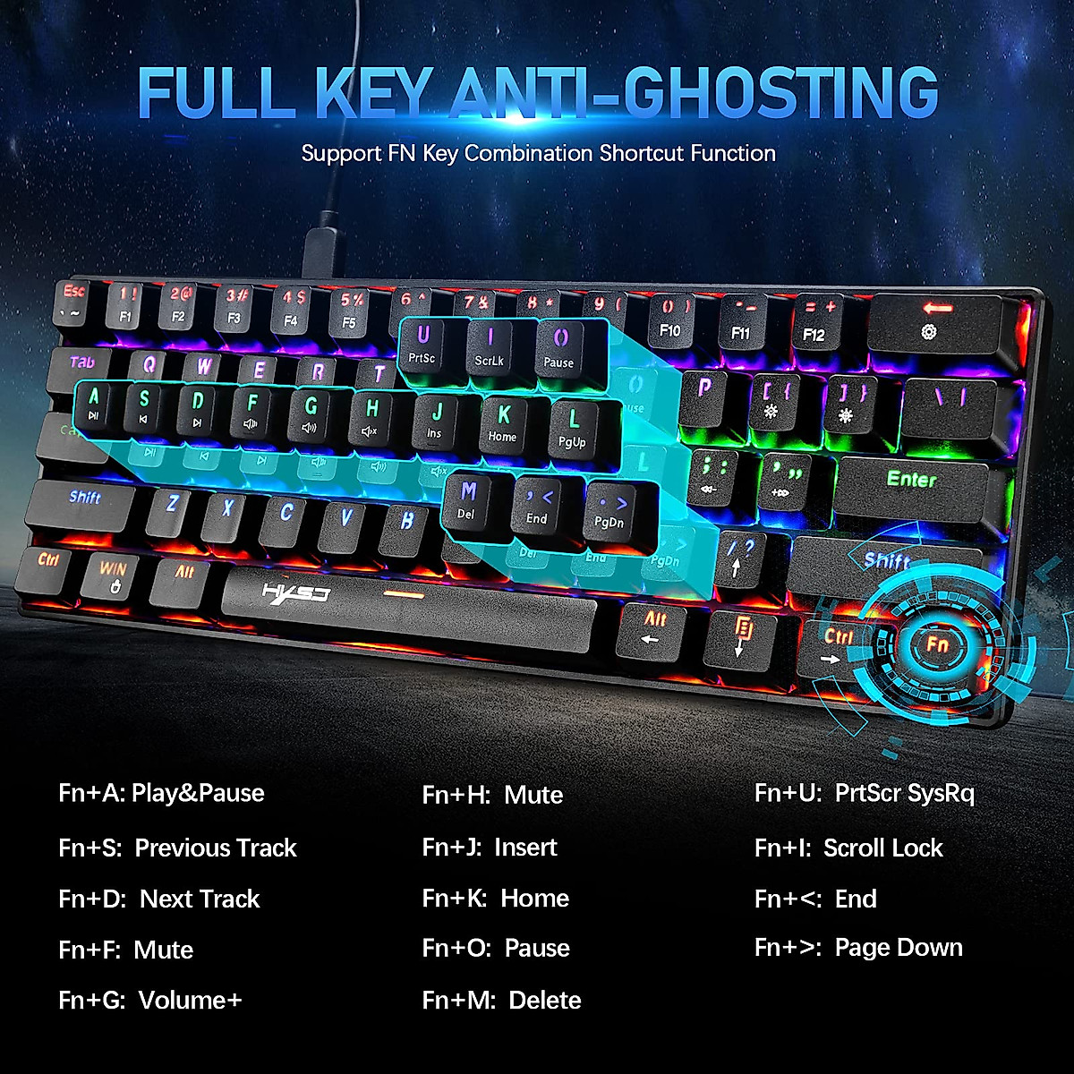 Compact Mechanical Gaming Keyboard Mini Portable with Ergonomic 61 Key Layout Multi Rainbow LED Backlight Anti-ghosting Waterproof Type-C USB Wired for PC MAC Gamer Computer Typist(Black/Blue Switch)