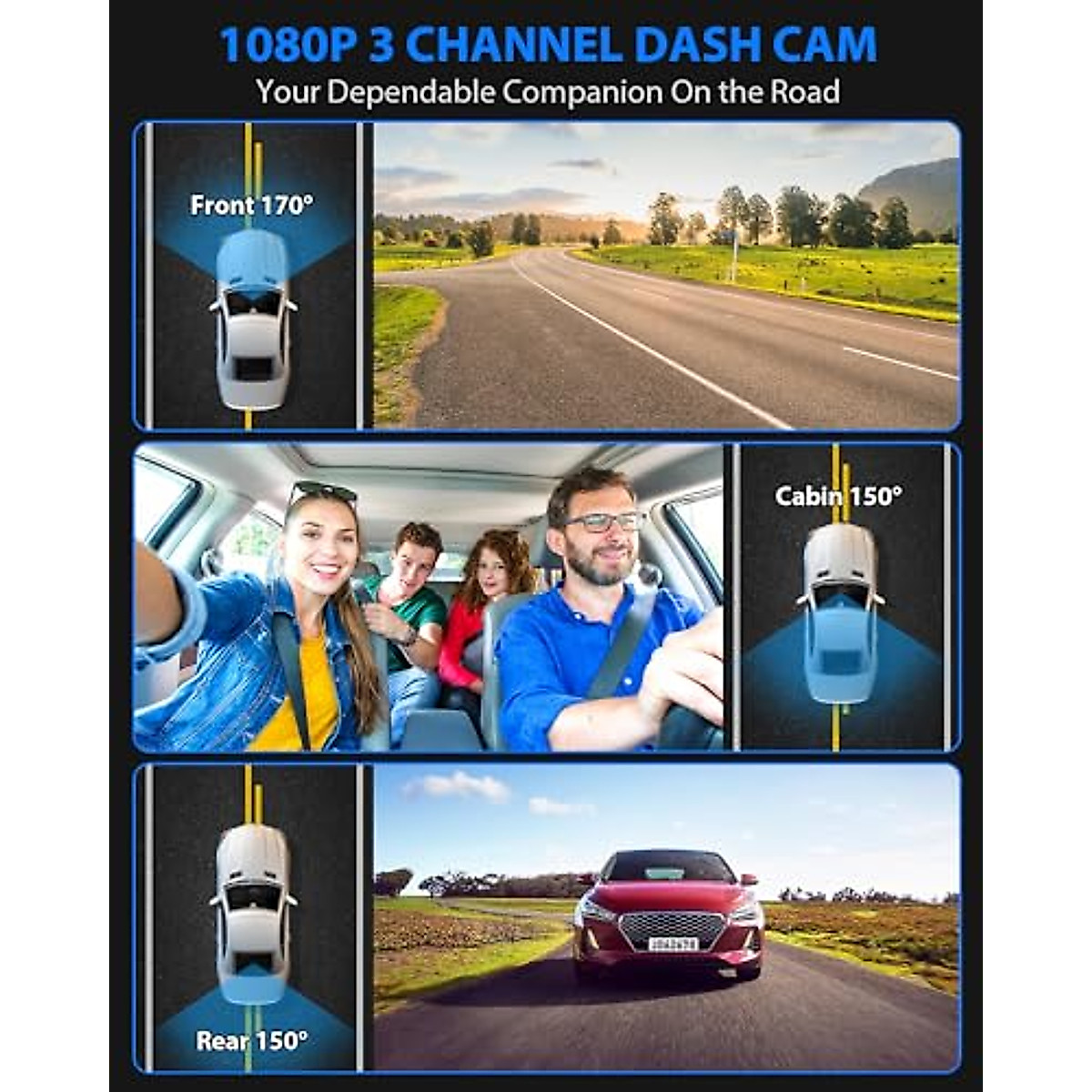 Dash Cam, 3 Channel Dash Cam, 1080P Dash Cam Front and Inside, Triple Dash Cam Front and Rear Inside, Dash Camera with 32GB Card, HDR, G-Sensor, 24Hr Parking, Loop Recording