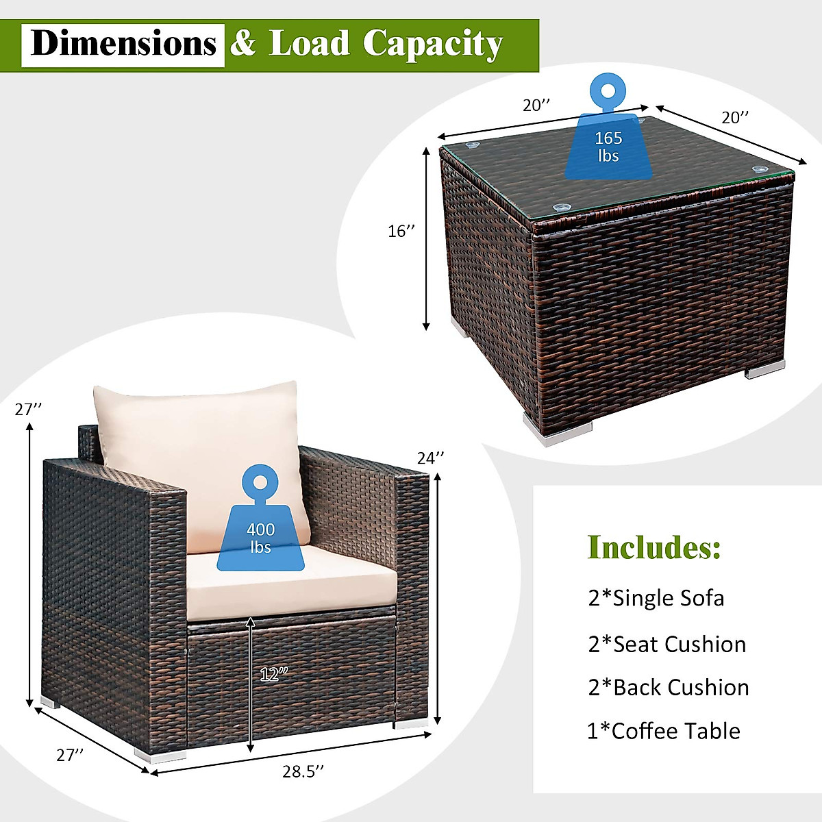 Tangkula 3 Pieces Patio Furniture Set, Outdoor Conversation Rattan Furniture Set w/Washable Cushion and Tempered Glass Tabletop, PE Rattan Wicker Sofa Set for Garden Poolside Balcony