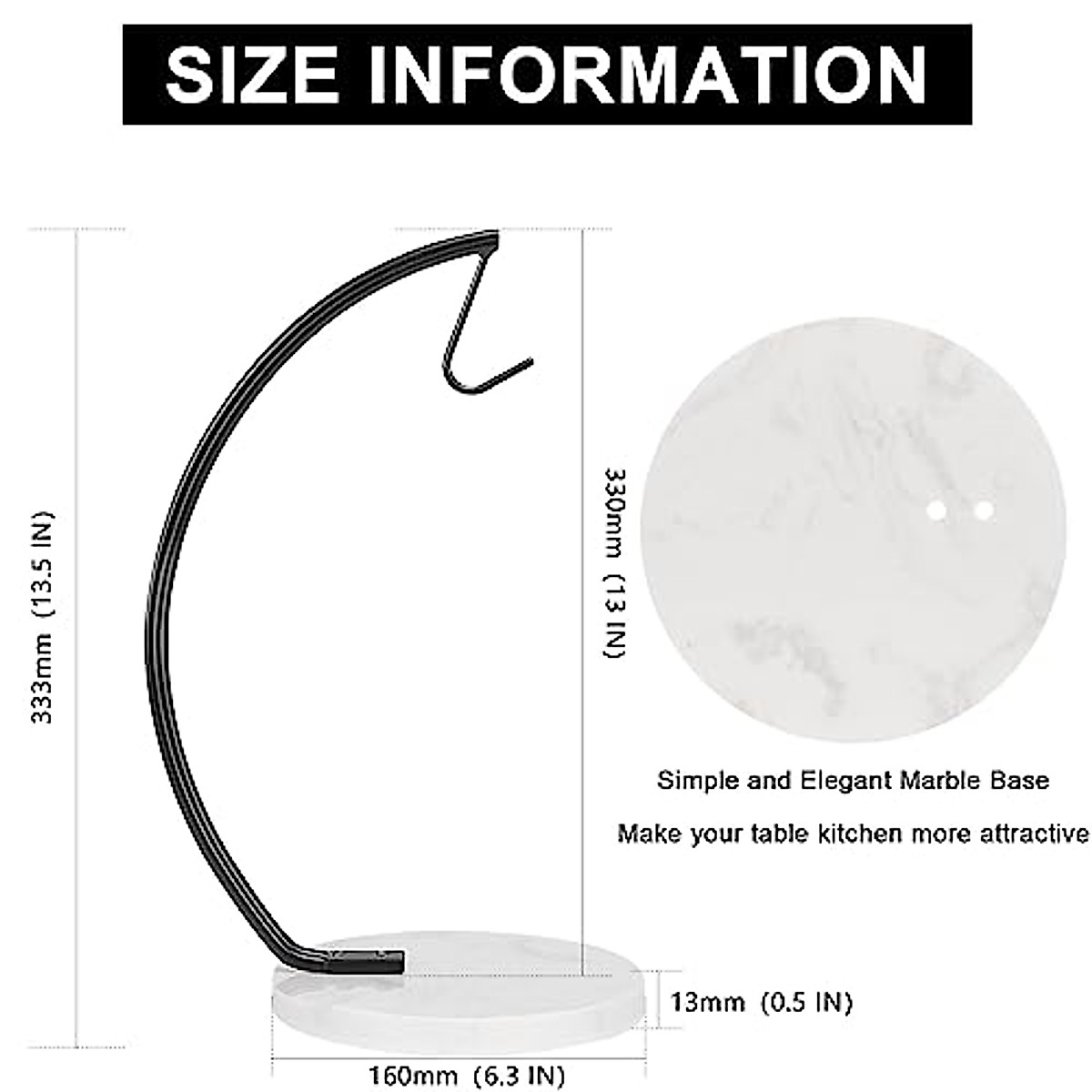 Livabber Banana Holder with Marble Base, Metal Banana Hanger Modern Tree Stand with Hook, Durable Banana Keeper Fresh Fruit Storage Organizer Freestanding for Kitchen Countertop (Black, Single Hook)