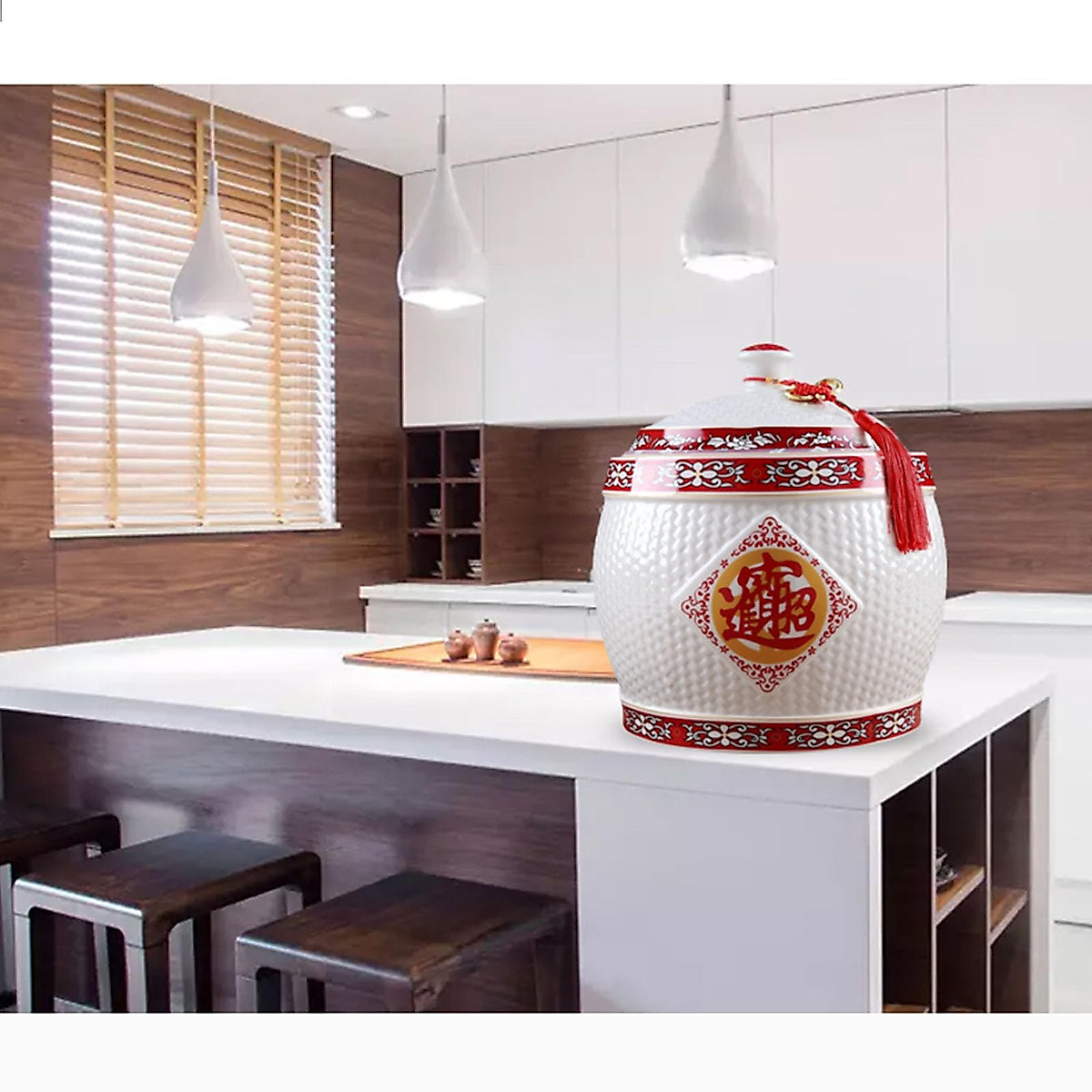 Ceramic Rice Jar With Lid Traditional Chinese Style Food Storage Jars Classic Food Dispensers Ceramic Household Rice Storage Box With Lid Suitable For Cereal, Flour, Sugar, Coffee, Rice(C-30*30*35cm)