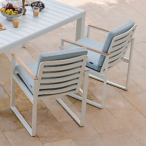 LebenLiebe Outdoor Dining Chair Set Patio Dining Chairs Set of 2 with Seat Cushions Aluminum Outdoor Furniture Chair with Teak Armrest for Garden,White Frame