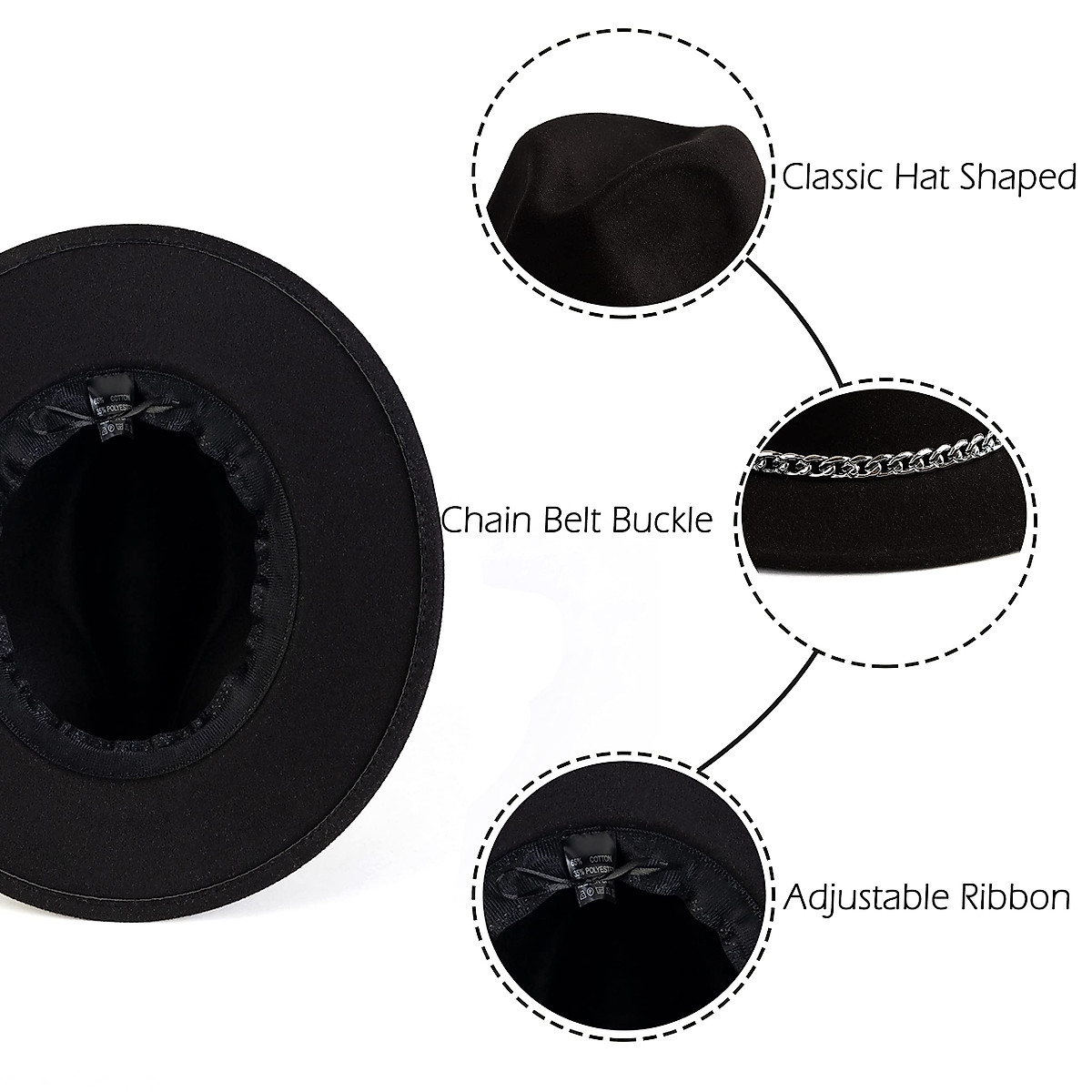 Gossifan Women Men Wide Brim Fedoran Hat with Chain Belt Buckle - Dark Night