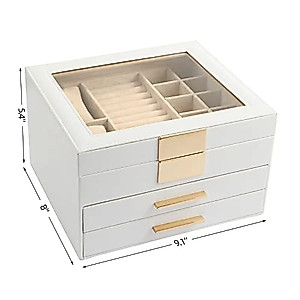 Jewelry Box with Transparent lid, 3-Layer Jewelry Organizer with 2 Drawers, Jewelry Storage Box, Watch Display, Jewelry Organizer, Gift for Loved Ones, White