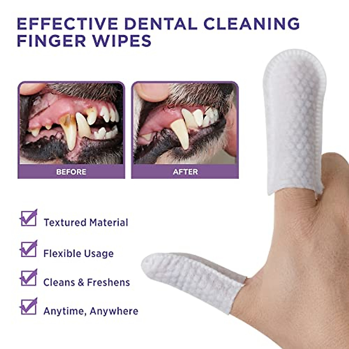 HICC PET Teeth Cleaning Wipes for Dogs & Cats, Remove Bad Breath by Removing Plaque and Tartar Buildup No-Rinse Dog Finger Toothbrush, Disposable Gentle Cleaning & Gum Care Pet Wipes, 50 Counts