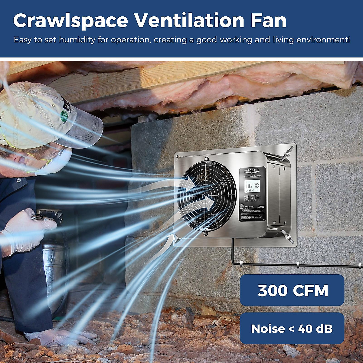 ALORAIR 300 CFM Crawlspace Ventilator Fan with Humidistat, Stainless Steel Exhaust Vent Fans with Digital Display, Timing Cycle, Freeze Protection Thermostat, for Basement, Garage, Attic, Grow Tent