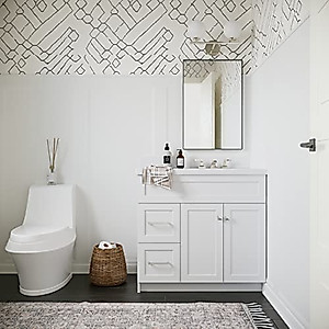 ARIEL 36" White Bathroom Vanity Base Cabinet, Right Offset Sink Configuration, 2 Soft-Closing Doors, 2 Full Extension Dovetail Drawers, 1 Enclosed Large Storage Shelf, Brushed Nickel