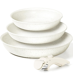 MICHELANGELO Nonstick Frying Pan Set Removable Handle, 8" 9.5" and 11" Frying Pans, Skillets with Detachable Handle, Granite Coating Egg Pan, Non Toxic Pans for Cooking, PFOA Free, Oven Safe, White