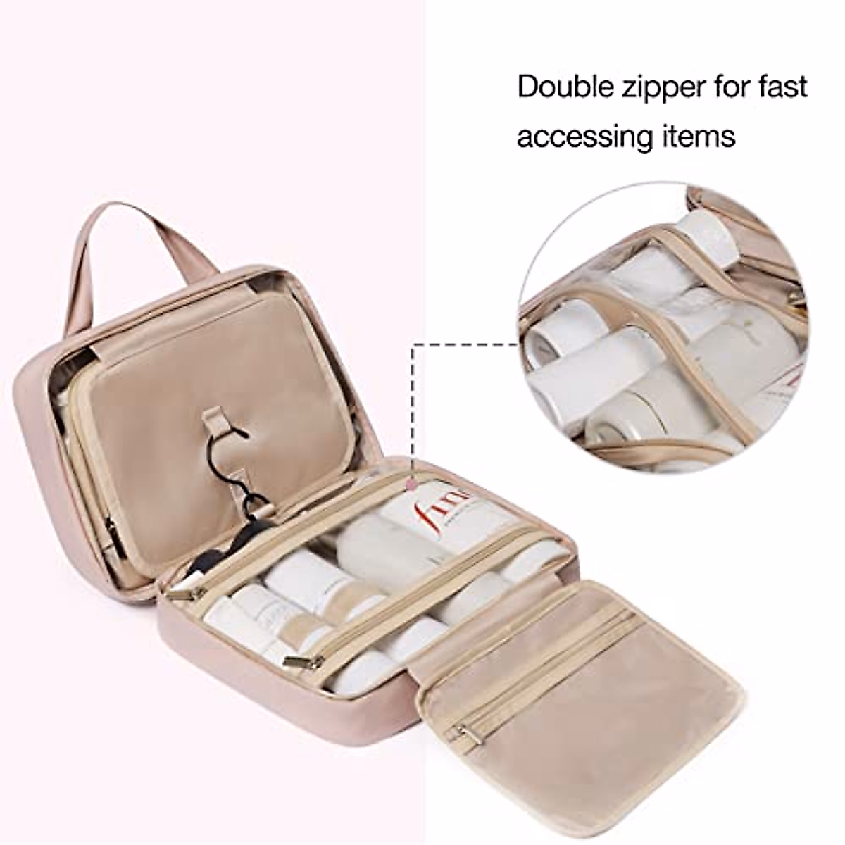 LIGHT FLIGHT Toiletry Bag For Women, Makeup Organizer, Makeup Bag for Full Sized Toiletries, Large Capacity Cosmetic Bag with Hanging Hook, Pink