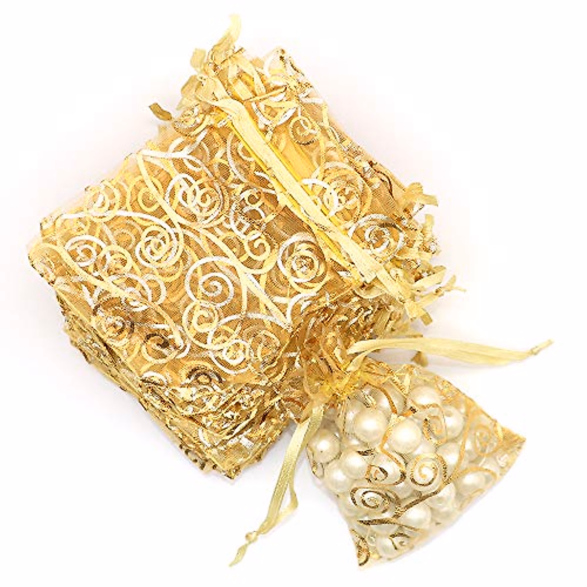 Staruby 100Pcs Gold Organza Bags 3x4 Inches Rattan Printed Organza Gift Bags Mesh Favor Bags Drawstring Jewelry Gift Pouches for Wedding Party Favors Baby Shower Christmas Gifts Candy Bags