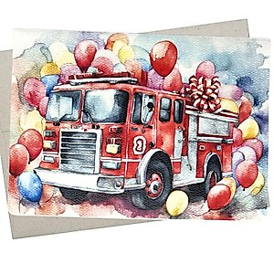 Firetruck Birthday Card (1 Premium Card, 5X7 Inch) also for firefighter and fireman themed retirement card or baby shower or graduation note - 885