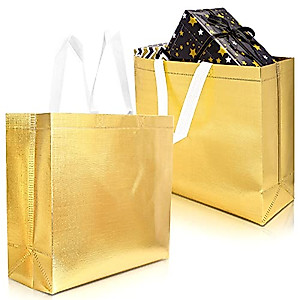 Whaline Set of 12 Reusable Gold Gift Bags Glossy Glitter Tote Bag with Handles Large Size Stylish Party Holidays Favor Bags for Wedding Birthday Party Valentines Mother's Day Christmas