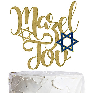 Mazel Tov Cake Topper Gold Glitter Jewish Birthday Chanukah Holiday Cake Decoration Hebrew Congratulations Hanukkah Star of David Party Supplies