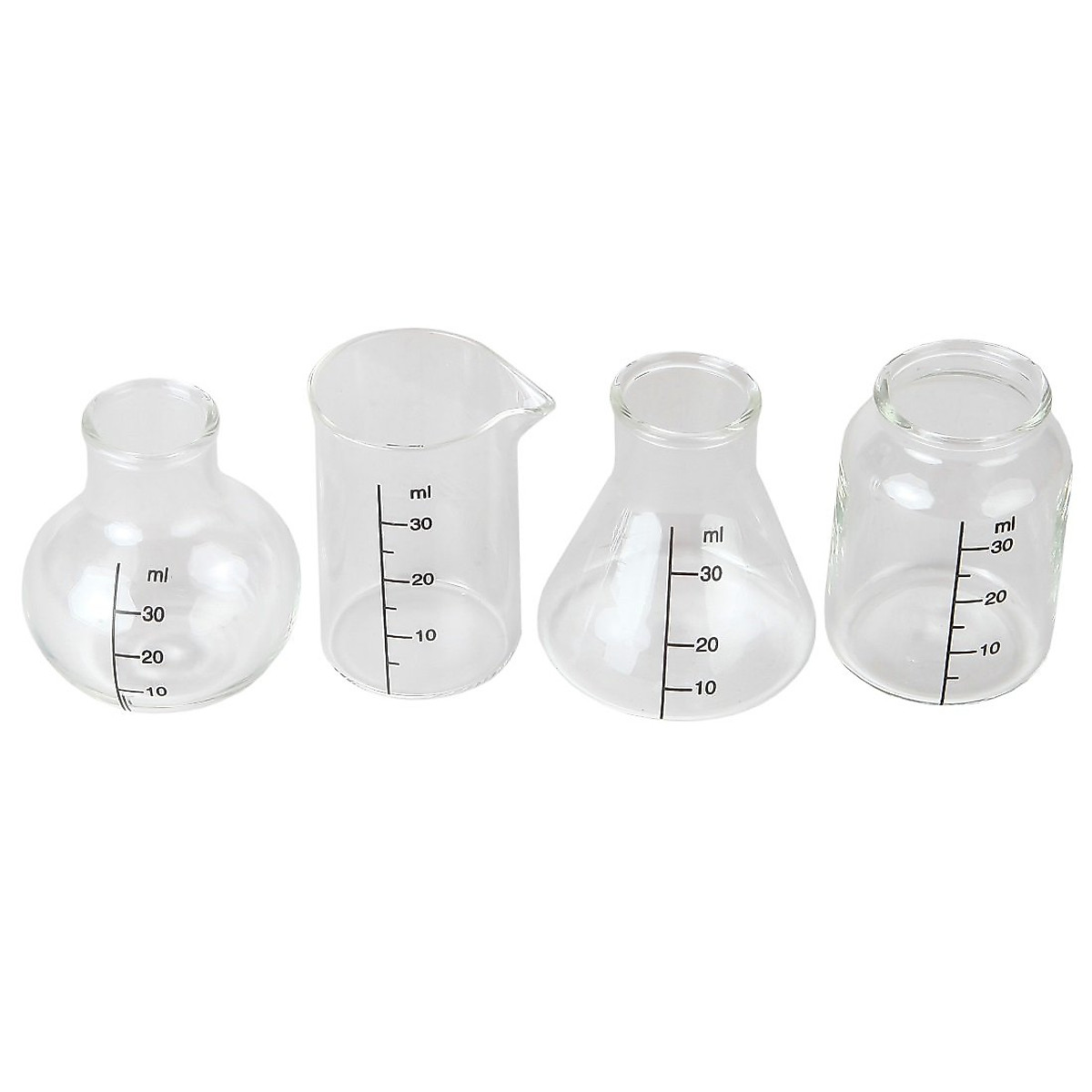 Lily's Home Mini Science Beaker and Flask Shot Glasses, Great Gift for Chemistry and Bio Grads, Nurses and Doctors, Clear 2 to 2 1/8" Tall, Set of 4 Assorted