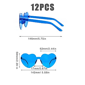 KINBOM 12pcs Heart Shaped Rimless Sunglasses, Love Heart Transparent Tinted Sunglasses Frameless Candy Color Eyewear for Women Party Cosplay (Blue)