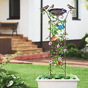 Desgully Bird Bath with Garden Trellis for Climbing Plants Outdoor, with Decorative Butterflies Free Standing Detachable Bird Feeder Bowl Bird Baths for Outdoors Antique Iron