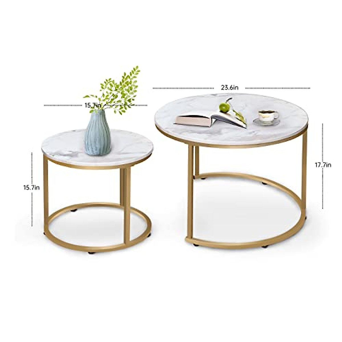 aboxoo Coffee Table Nesting White Set of 2 Side Set Golden Frame Circular and Marble Pattern Wooden Tables, Living Room Bedroom Apartment Modern Industrial Simple Nightstand